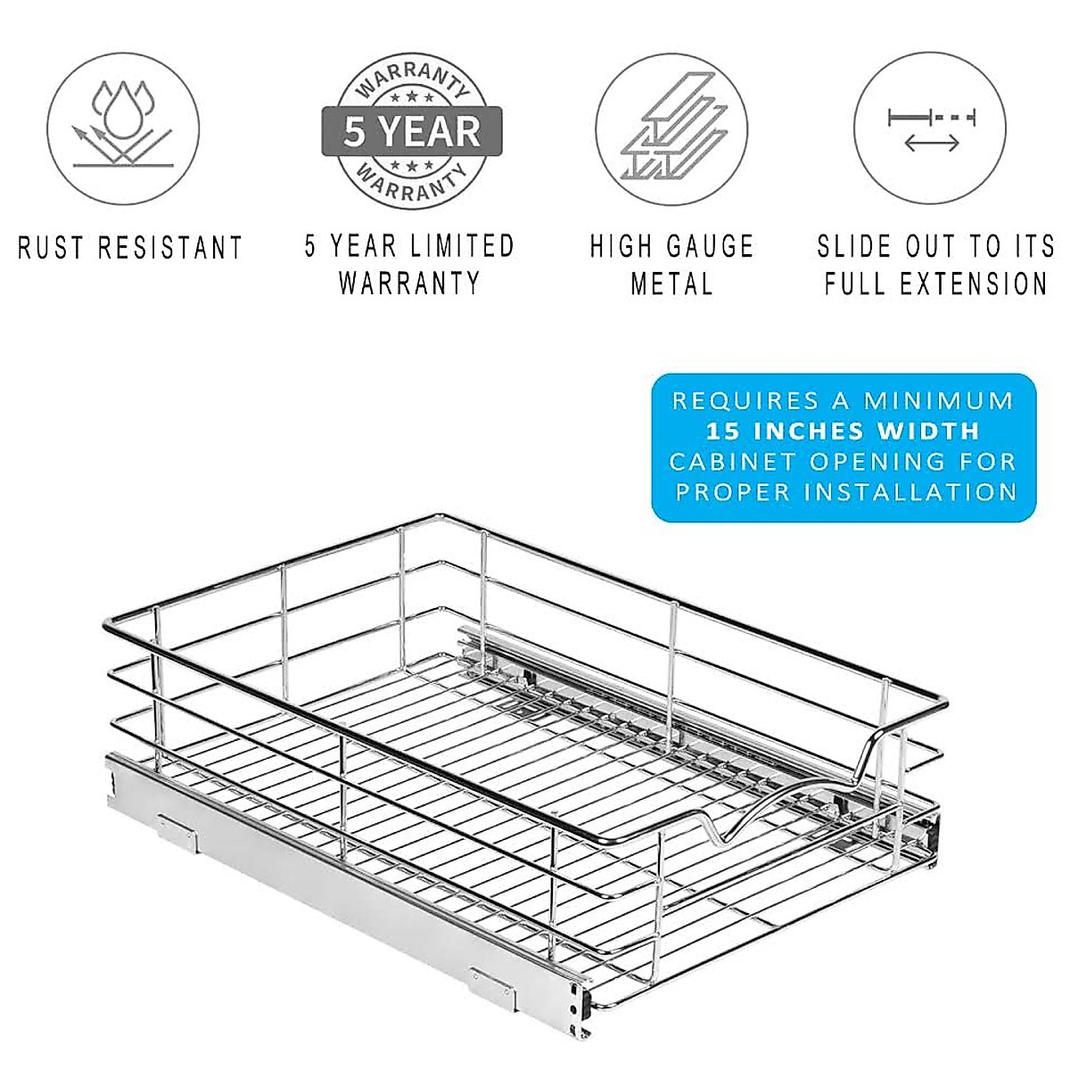 HOLDN’ STORAGE Pull Out Cabinet Organizers – 5” High Slide Pull Out Drawers for Kitchen Cabinets – Heavy Duty-with 5 Year Limited Warranty – Basket Size 14"W x 21"D x 5"H