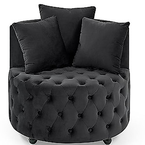 LKTART Velvet Upholstered Swivel Chair Sofa Chair with Wheels with Button Tufted Design and Movable WheelsIncluding 3 Pillows for Bedroom Reception Room Living Room Black
