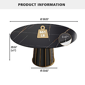 59'' Round Marble Dining Table for 4-6, Black Sintered Stone Circle Kitchen Table Top with Carbon Steel Pedestal, Faux Marble Kitchen Dinner Table for Dining Room/Living Room (Table Only)