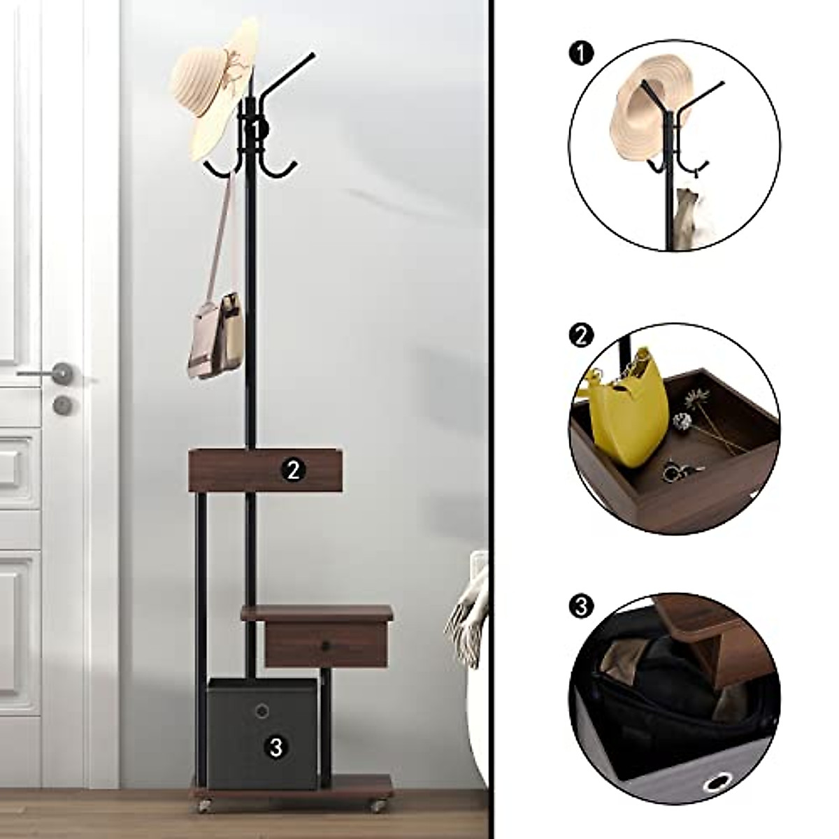 soges Coat Rack and Nightstand, Brown Wooden Nightstands with One Drawer and One Non-woven Basket, Metal Coat Rack for Bedroom, Living Room