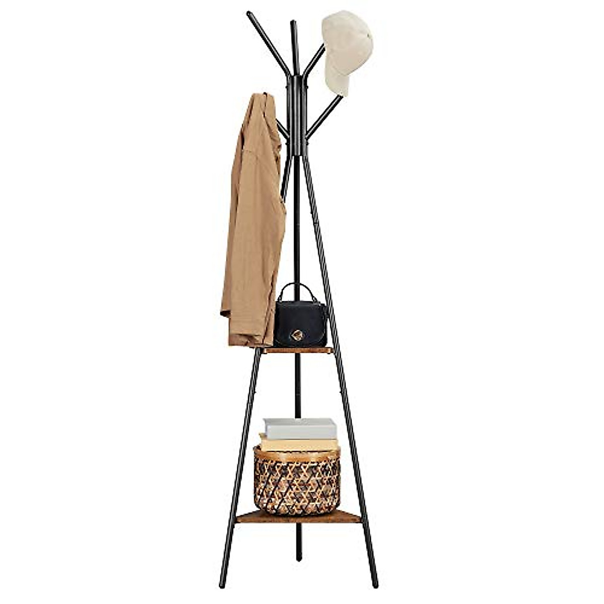 VASAGLE Coat Rack Freestanding, Coat Hanger Stand, Hall Tree with 2 Shelves, for Clothes, Hat, Bag, Industrial Style, Rustic Brown and Black URCR16BX