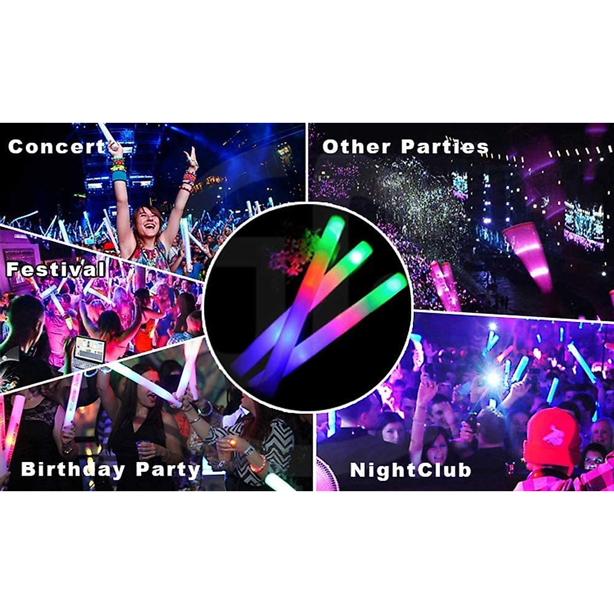 100 LED Foam Sticks Multi Color Flashing Glow Wands, Batons, Strobes - 3 Flashing Modes - Birthdays and Parties