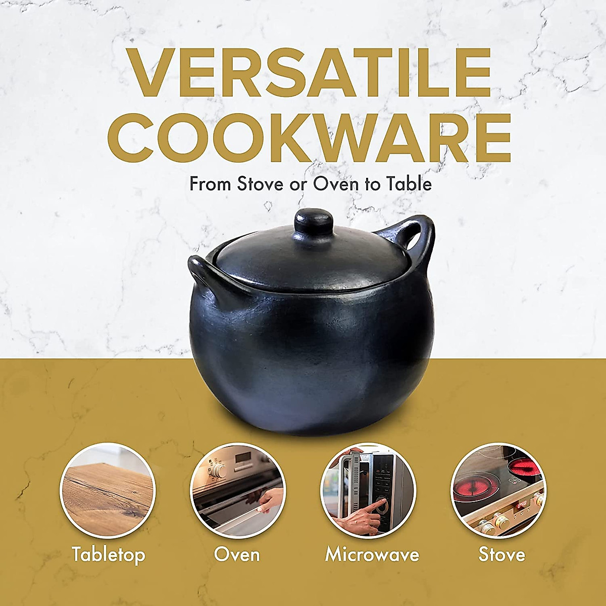 Toque Blanche Clay Pot Essentials - Versatile Clay Cooking Pots, Handmade Earthenware Cookware - Perfect for Cooking Soups, Stews, and More | Black - 6-Quart Large Pot with Handle & Lid