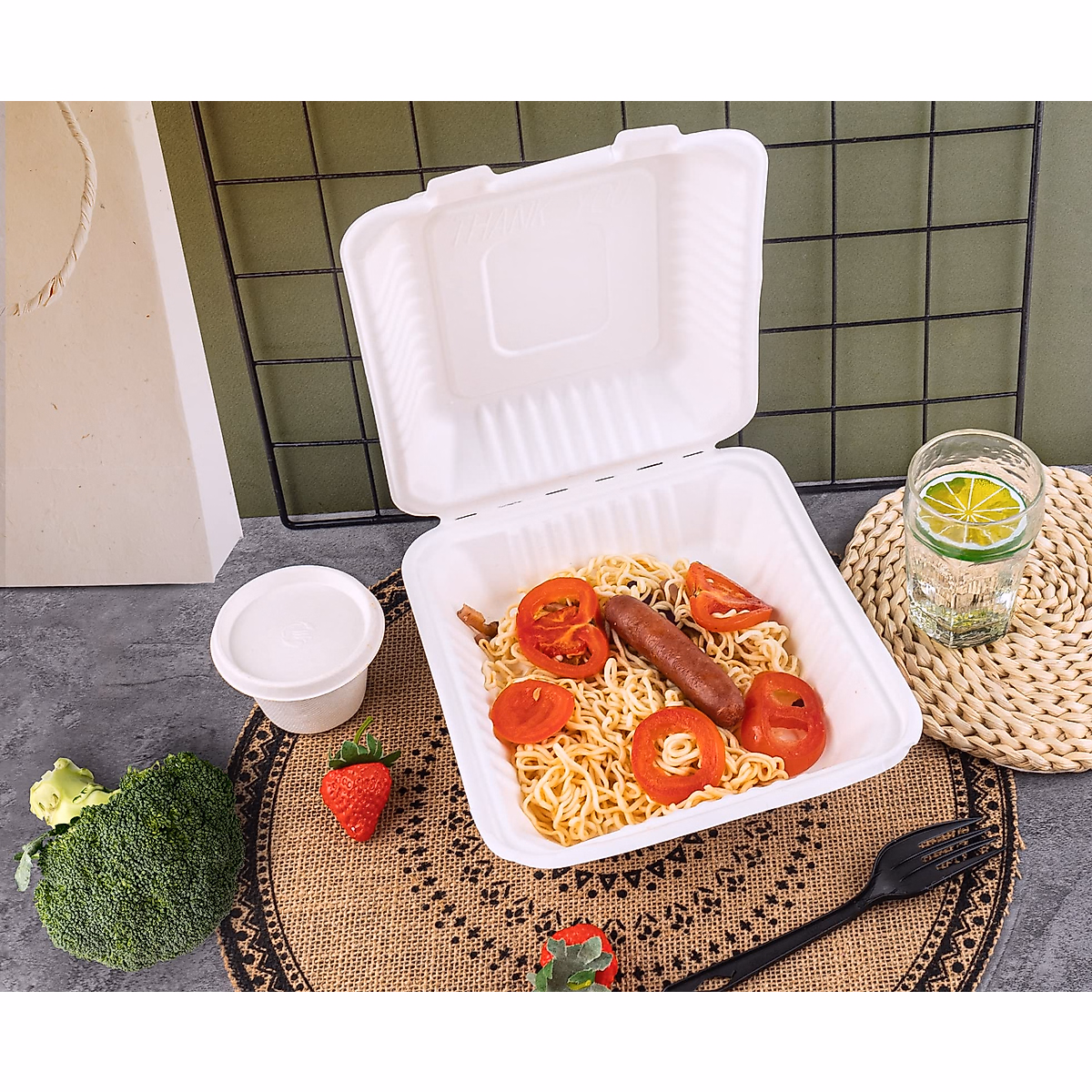 Azure Zone, 8 Inch, 1-Compartment Compostable Disposable Clamshell, 200 Pack, Eco Friendly, Biodegradable Made of Sugar Cane Fibers