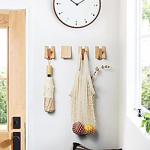 WOODOPOLY Wood Wall Hooks, 4 Pack Coat Hooks Wall Mounted Hooks Hat Hooks for Wall Mounted Sticks Multi Rack Solid Handmade Natural Wood Artwork with 4 Flip-Down Unique Modern Hangers 4 Pack