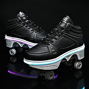 KOFUBOKE LED Deformation Roller Skate Shoes Double-Row Walking Shoes with Invisible Wheels 2 in 1 Removable Pulley Parkour Skating (Black, 3.5)