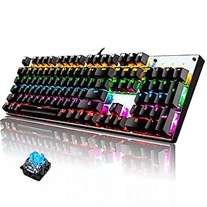 Wired Mechanical Gaming Keyboard Blue Switch 104 Keys RGB Rainbow LED 9 Backlight Modes Full Anti-ghosting Metal Panel Waterproof Ergonomic Key Layout USB for Gamers Typists(Black)