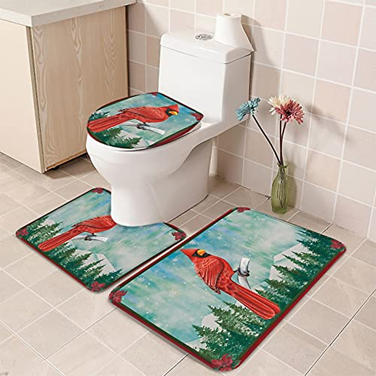 Bathroom Rugs, Memory Foam Bath Mat Bathroom Set, Christmas Red Bird in Snow Bath Rugs Bathroom Accessories, Home Decor Non-Slip Absorbent Soft Bath Mats for Bathroom, Tub, 3 Pieces