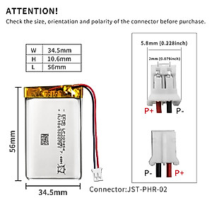 EEMB Lithium Polymer Battery 3.7V 2000mAh 103454 Lipo Rechargeable Battery Pack with Wire JST Connector for Speaker and Wireless Device- Confirm Device & Connector Polarity Before Purchase