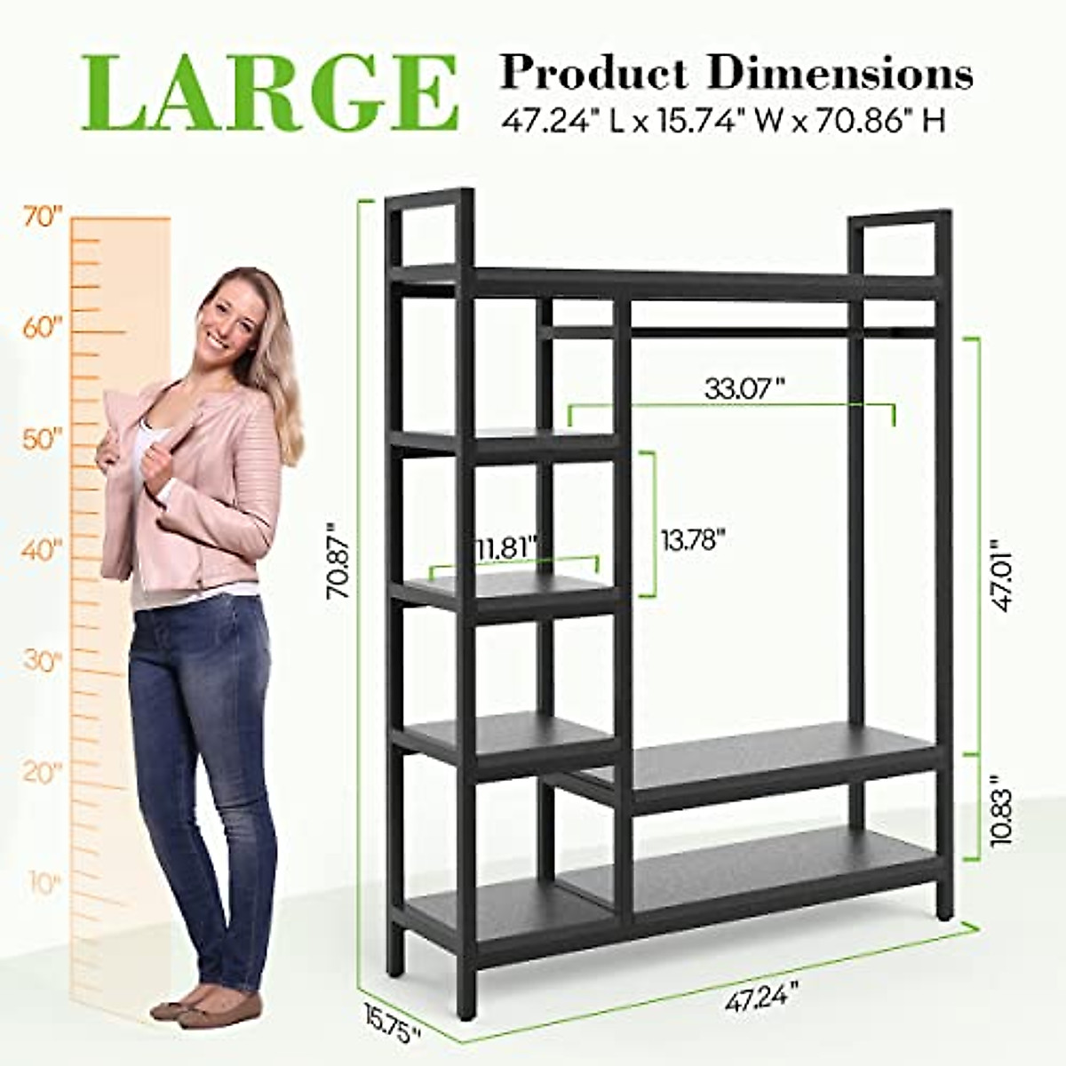 HOKEEPER 600lbs Capacity Free Standing Closet Organizer with 6 Metal Shelves Heavy Duty Clothing Rack for Hanging Clothes Sturdy Storage Wardrobe Closet Garment Rack for Bedroom