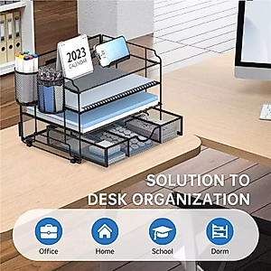 DALTACK 4-Trays Desktop File Organizer with Pen Holder，Letter Tray Paper Organizer with Drawer and Pen Holders, Black Mesh Office Supplies File Holder，Desk Organizer for Office School Home