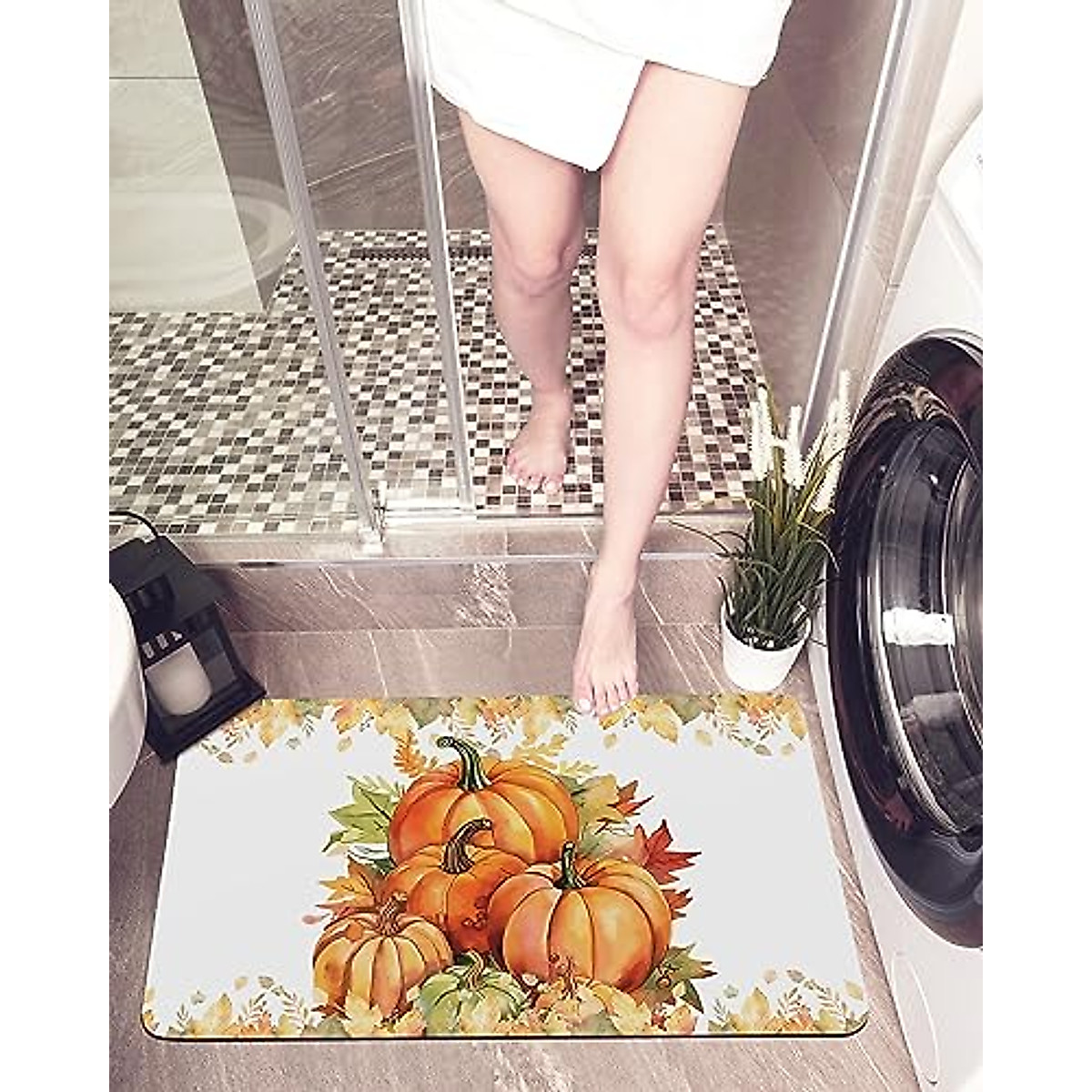 Autumn Pumpkins Bath Mat for Tub,Non Slip Bathroom Floor Runner Rug Quick Dry & Absorbent Diatomaceous Earth Kitchen Room Shower Sink Washable Doormat,Thanksgiving Eucalyptus Maple Leaves 18"x30"