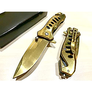 Super Knife 6.75" Gold Coated Spring Assisted Open Blade EDC Folding Pocket knife, Straight Edge Blade (Gold)