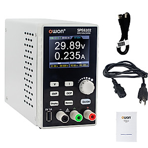 OWON Lab Power Supply (0-60V 0-10 A), Programmable 200w Bench DC Power Supply with 2.8 inch LCD Display and Output Enable/Disable Button,Single Channel Output with PC Software and USB Charging SPE6102