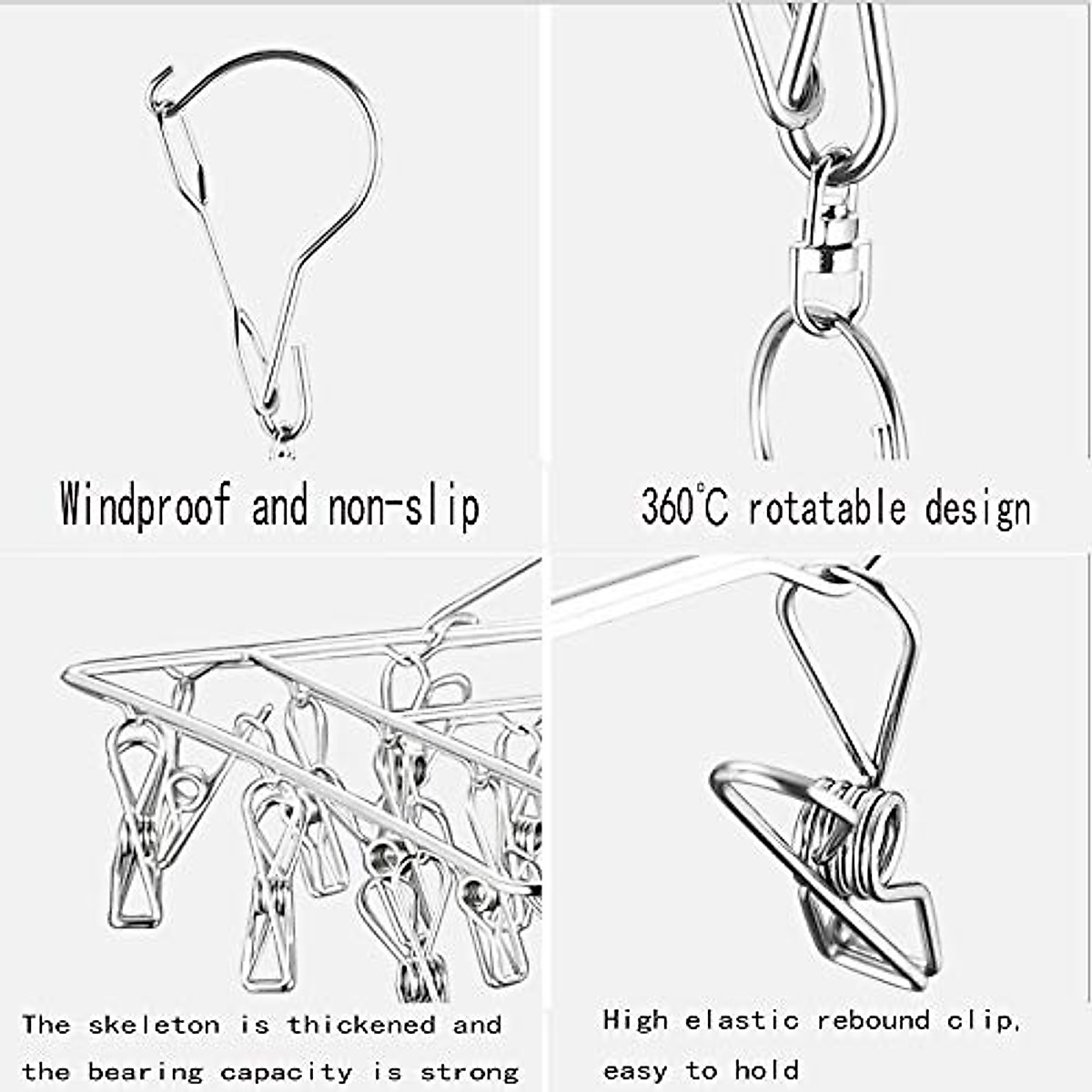 SSXX Clothes Drying Rack with 40 Clips, Stailess Steel Laundry Hanging Rack for Balcony and Courtyard, Suitable for Socks, Underwears, Drying Towels and Baby Clothes,Silver