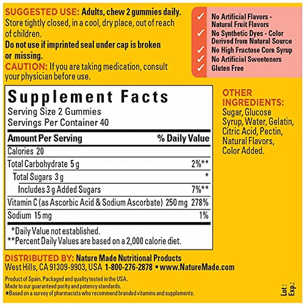 Nature Made Vitamin C 250 mg per serving, Dietary Supplement for Immune Support, Gummy 80 Count (Pack of 1), 40 Day Supply