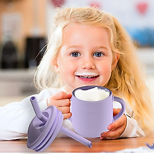 Linshuma Silicone Baby Training Cup, Toddler Straw Sippy Cup, Kids trainer Cup Spill & Non-Slip with 2 Handles BPA Free, Open Cup for 6 months+ Babies Cute 150ML Purple