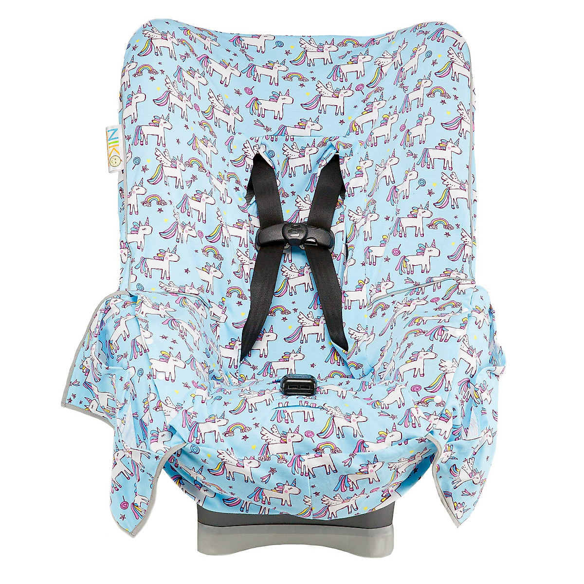 Niko Easy-Wash Children's Car Seat Cover & Liner - 100% Cotton Jersey Blue Unicorn - Fits Most Toddler Car Seats - Universal Fit - Waterproof SEAT Bottom - Machine Wash and Dry
