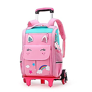 Girls Rolling Backpack with 6 Wheels, 16 Inch Lightweight Roller Backpacks for girls Elementary, Carry-on wheeled backpack for School Travel, 4+ Years Old, Pink