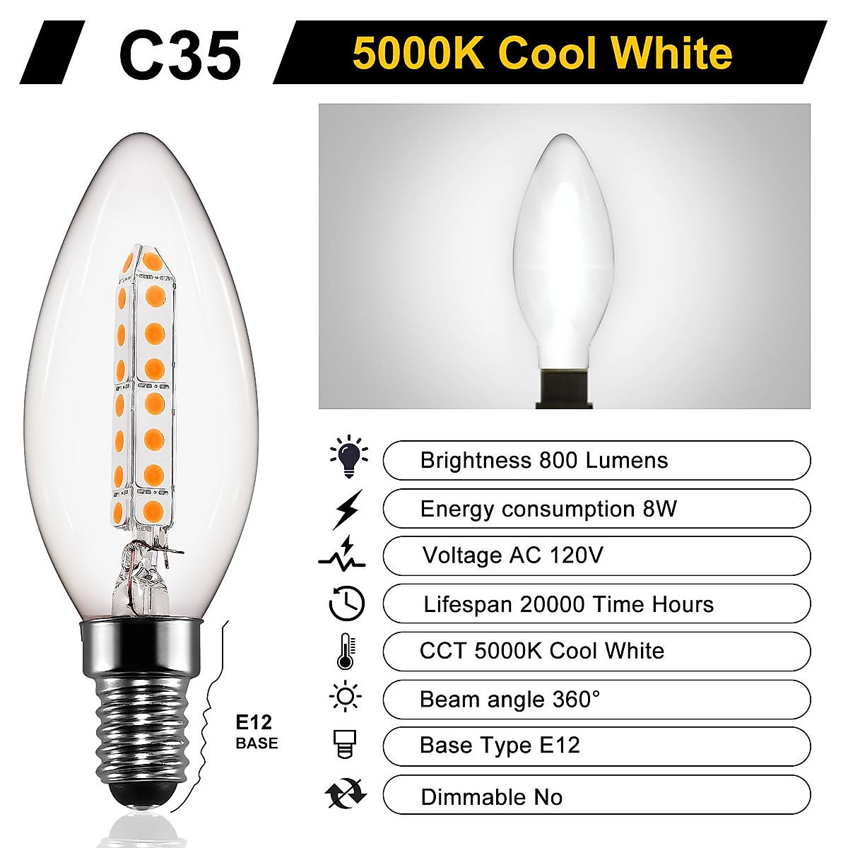 NS Light Bulbs E12 ETL Listed Not Dimmable Candelabra LED Light Bulbs 100W Equivalent，B11 High Brightness Daylight White 5000K，Clear Glass，6 Pack