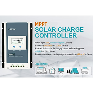 EPEVER 40A MPPT Solar Charge Controller 12V 24V Auto, 40 amp Negative Grounded Solar Charge Controller MPPT Max Input 100V, 520W/1040W for Lead-Acid, Lithium Batteries and Load Timer Setting