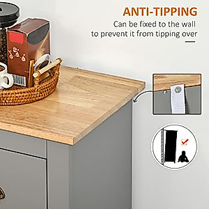 HOMCOM Modern Kitchen Cabinet, Storage Sideboard, Buffet Table with Rubberwood Top, 3 Drawers and Cabinet with Adjustable Shelf, Grey