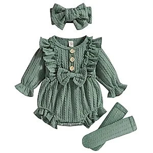 GRNSHTS Newborn Baby Girl Clothes Ruffle Solid Sweater Romper Long Sleeve Button Bodysuit+Hairband+Socks 3Pcs Fall Winter Outfits(Green,0-3 Months)