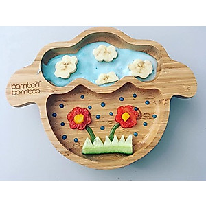 Bamboo Baby Plate with Suction - Kids and Toddler Suction Cup Plate for Babies, Non-toxic All-Natural Bamboo Baby Food Plate Stays Cool to the Touch for Baby-Led Weaning (Lamb - Yellow)