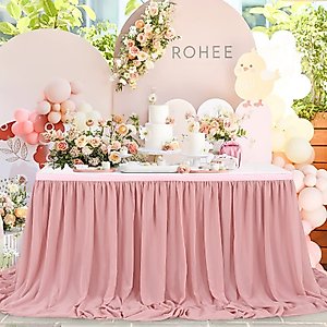 14FT Dusty Rose Chiffon Table Skirt Sheer Rectangle Tablecloth for Wedding 1st Baby Girl Birthday Party Bridal Shower Decoration
