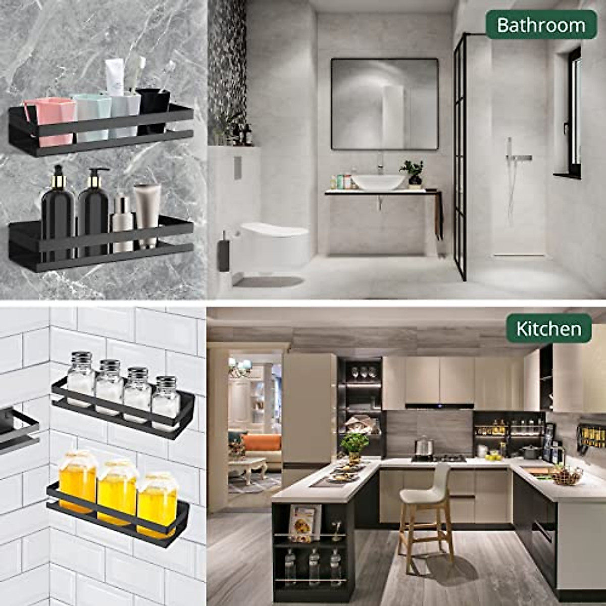 Adhesive Shower Caddy, JiGiU 2-Pack Shower Shelf Kitchen Basket Rack,Stainless Steel Shower Storage, Bathroom Storage Hanging Organizer Wall Mounted No Drilling -Matte Black