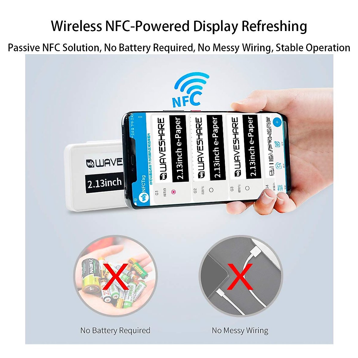 waveshare 2.13 inch Passive NFC-Powered e-Paper,250×122 Pixel, No Battery Required No Messy Wiring Novel Passive NFC Tech Wireless Powering & Data Transfer APP Provided