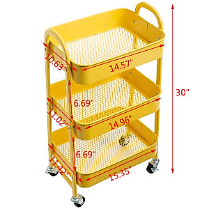 AGTEK Makeup Cart, Movable Rolling Organizer Cart, 3 Tier Metal Utility Cart, Yellow