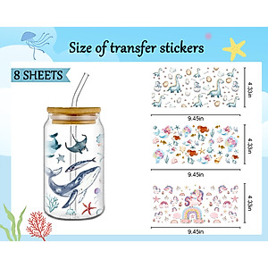 Rngmsi UV DTF Cup Wraps for 16 oz - 8 Sheets Animal UV DTF Cup Wrap Dinosaur Mermaid Sea Animal Waterproof UV DTF Wraps for Glass Cups Wood Crafts