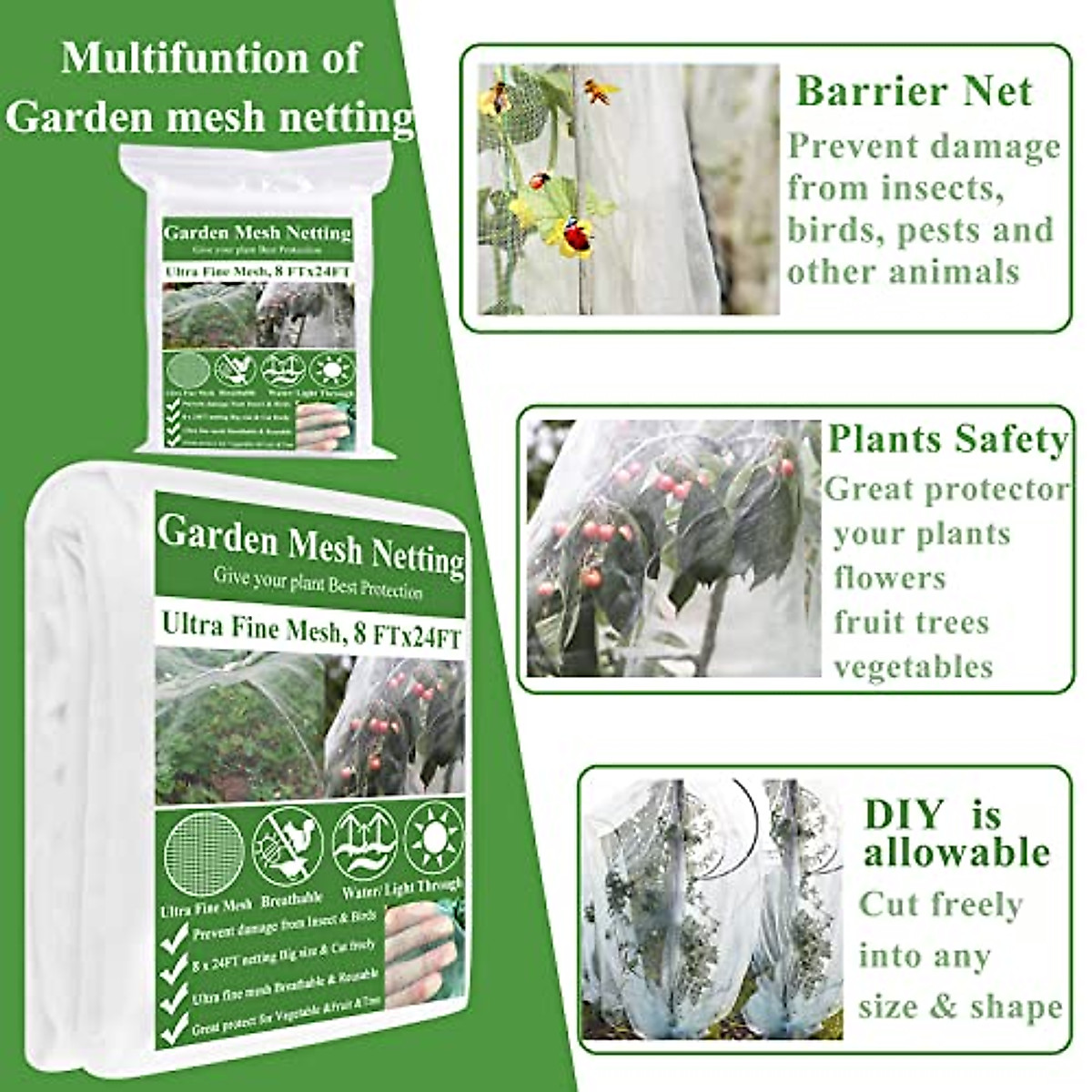 Garden Mesh Netting Kit, Plant Covers 8x24 Ft Ultra Fine Mesh Netting & 6Pcs Garden Hoops & 18 Clips for Vegetable Plants Fruits Flowers Crop Greenhouse Row Cover Birds Animals Barrier Protection Net