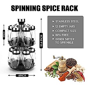 Revolving Spice Rack Organizer Countertop, Spinning Spice Storage Rack Tower Organizer with 12 Empty Jars, Rotating Spice Holder Shelf Seasoning Rack Shelf, Spice Seasoning Bottle Organizer