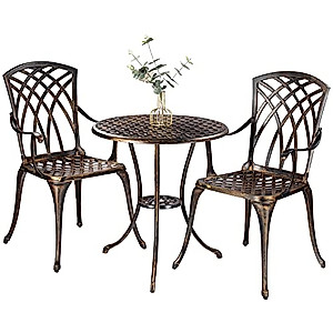 ZOTORUN Bistro Set 3 Piece Rustproof Cast Aluminum Patio Furniture Sets Round Table with Umbrella Hole for Outdoor, Patio, Balcony, Bronze