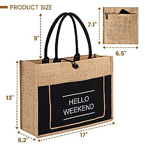 Trifabricy Beach Bag for Women - Large Jute Straw Beach Tote Bag, Hello Weekend Embroidery Canvas Tote Bag, Weaving Swim Gym Shopping Travel Bag, Black