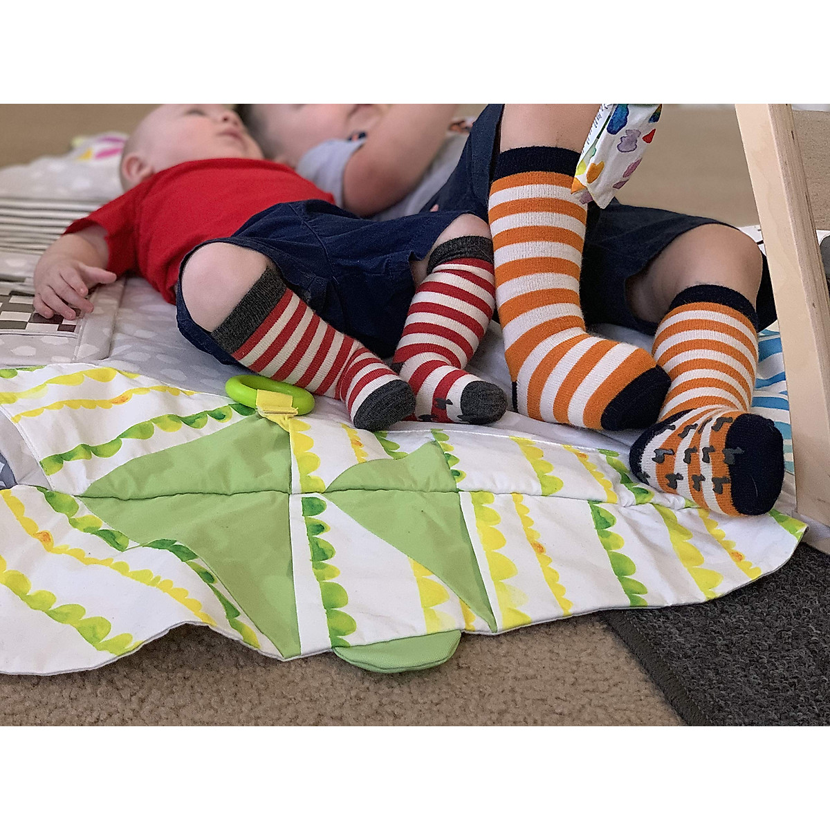 WARRIOR ALPACA SOCKS - Children's Baby Alpaca Wool Toddler Socks, Fun Stripes with Non-Skid Alpaca Appliqués 1 PAIR (12-24 Months, Grey Stripe/Black)