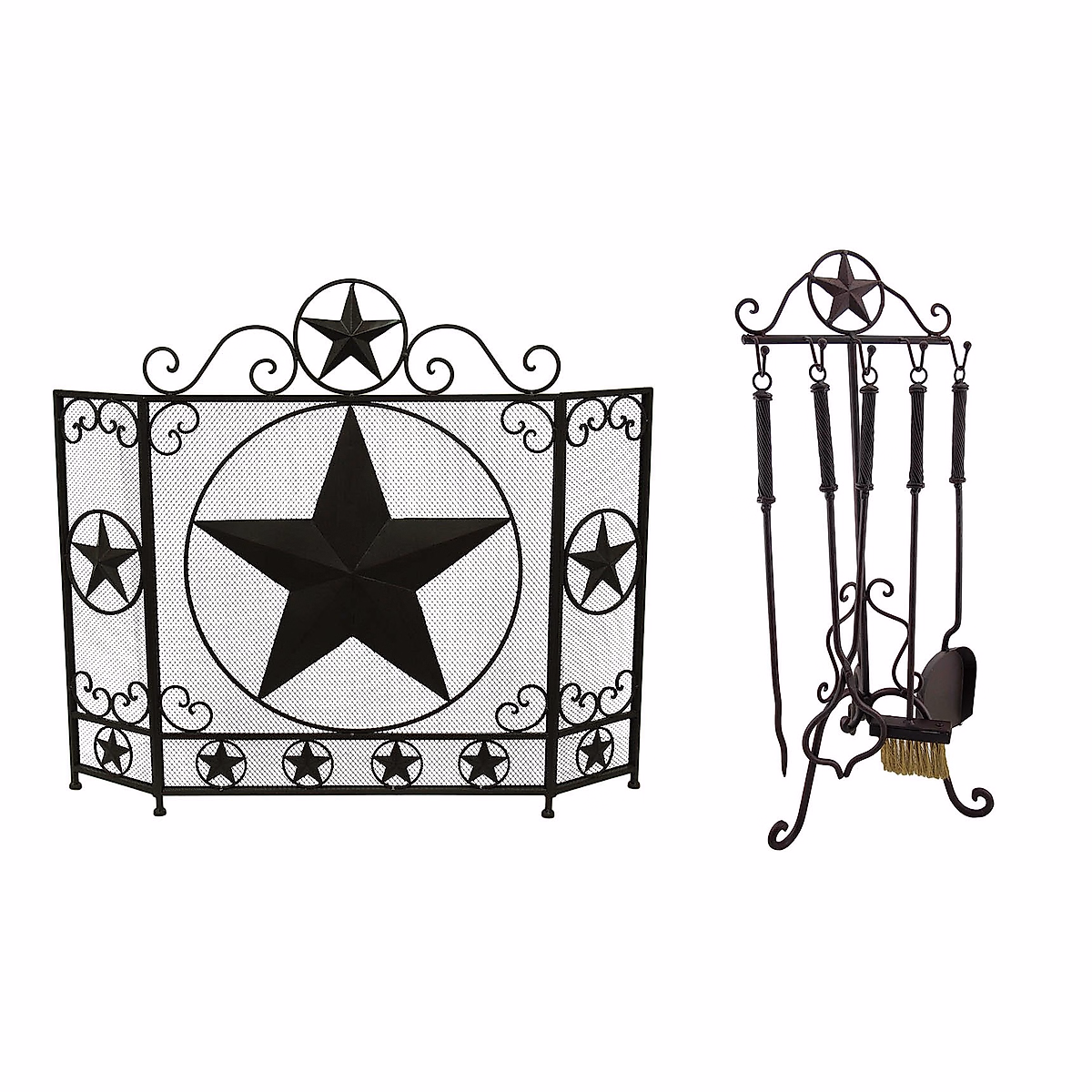 CYOIDAI Rustic Brown Western Star Metal Fireplace Screen and 5 Piece Tool Set