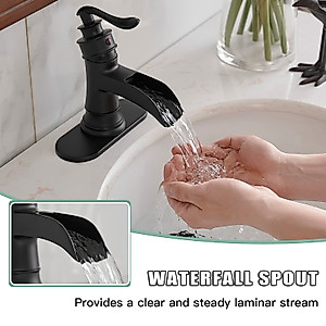 BWE Black Bathroom Faucet Matte Waterfall Sink Farmhouse Bath Vanity Single Hole Bundle with Kitchen Sink Faucet with Deck Plate Matte Black with Pull Down Sprayer 3 Spray Modes
