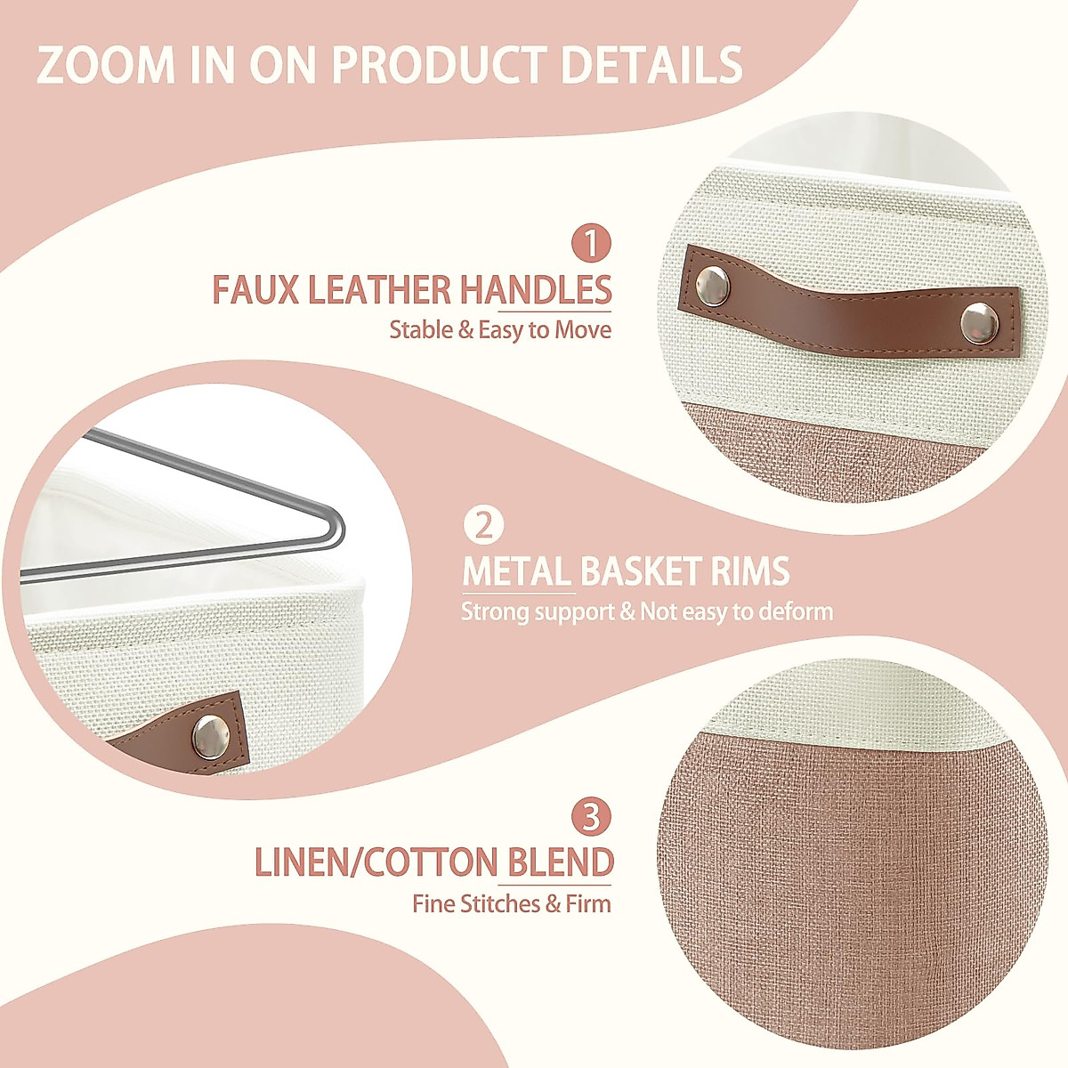 Patvingot Collapsible Fabric Cube Storage Bins 11x11×11, Pack of 6 Closet Basket Boxes with PU Handles for Organizing Shelves, Toys, Clothes, Home, Office,Laundry,Office(White&Pink)