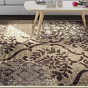 Superior Bristol Collection Area Rug, 8mm Pile Height with Jute Backing, Chic Geometric Damask Patchwork Design, Fashionable and Affordable Woven Rugs - 5' x 8' Rug, Beige & Brown