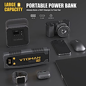 VTOMAN V10 Jump Starter, 2500A for 9L Gas and 7L Diesel Engine with PD30W Two-Way Quick Charge, Car Battey Charger Jump Box Portable, 12V Auto Battery Booster Power Pack with Jumper Cable WorkLight