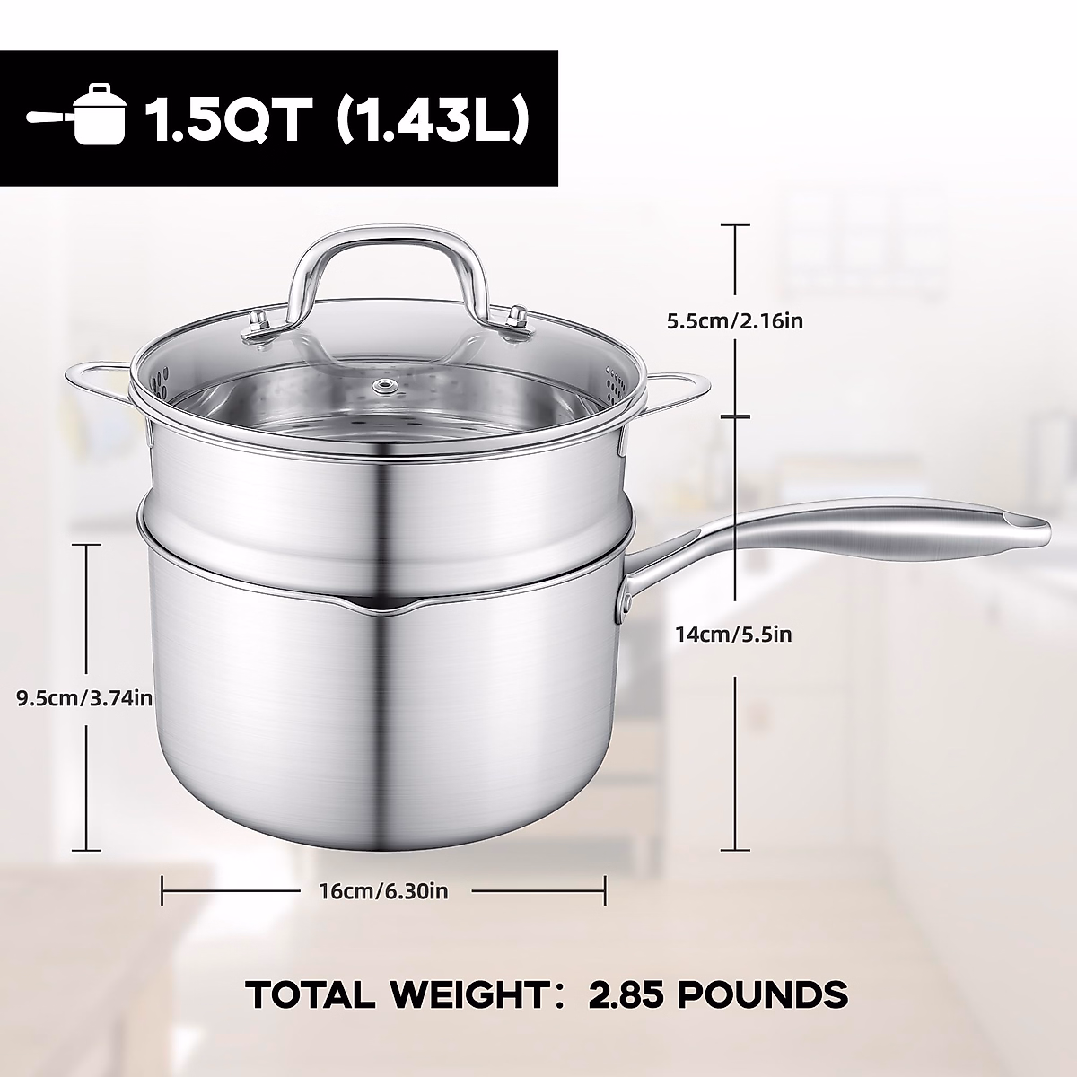 Leetaltree 1.5 Quart Stainless Steel Saucepan with Steamer Basket, Tri-ply Construction, Multipurpose Sauce Pan with Double-sized Drainage Lid - Perfect for Cooking Gravies, Pasta, Vegetable and More