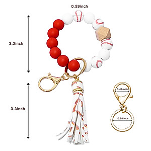 LMWKUN Baseball Keychain Bracelaet Wristlet,White Silicone Beaded Key Ring for Women,Stretchy Car Key Chain Bangle with Tassel