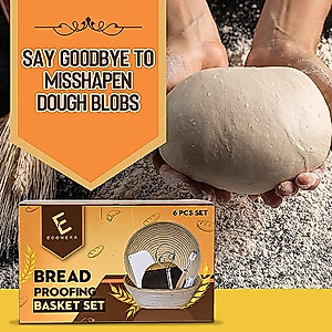 ECOMERR 9” Banneton Bread Proofing Basket - Set of 2 Round & Oval Rattan Proofing Baskets for Sourdough Bread Baking with Bread Lame + Steel & Plastic Dough Scraper + Linen Liner Cloth + Dough Whisk