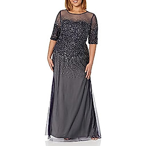 Adrianna Papell Women's Plus-Size 3/4 Sleeve Beaded Illusion Gown with Sweetheart Neckline, Navy, 14