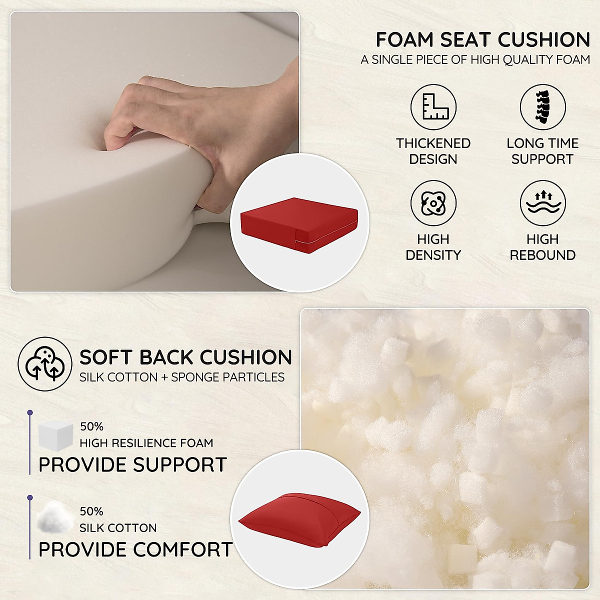 Sutteles Deep Seat Patio Cushions, Outdoor Chair Cushion Set, Patio Furniture Cushion with Removable Cover, Suitable for Patio Outdoor Furniture 24 x24 in (Red)