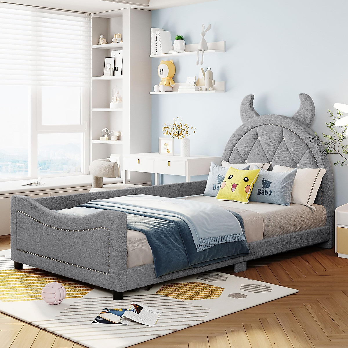 FANYHOME Twin Size Upholstered Daybed with OX Horn Shaped Headboard, Modern Low Profile Bed with Sturdy Wooden Slats Support, Wooden Daybed Frame for Living Room, Bedroom,Guest Room,Gray