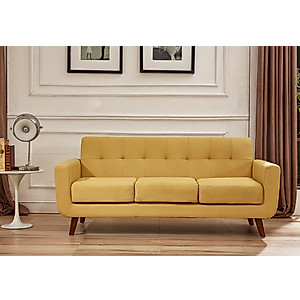 Pride Furniture Charles Mid-Century Modern 100% Linen Fabric, Clean-Lined Design for Apartment and House Sofas, Naples Yellow